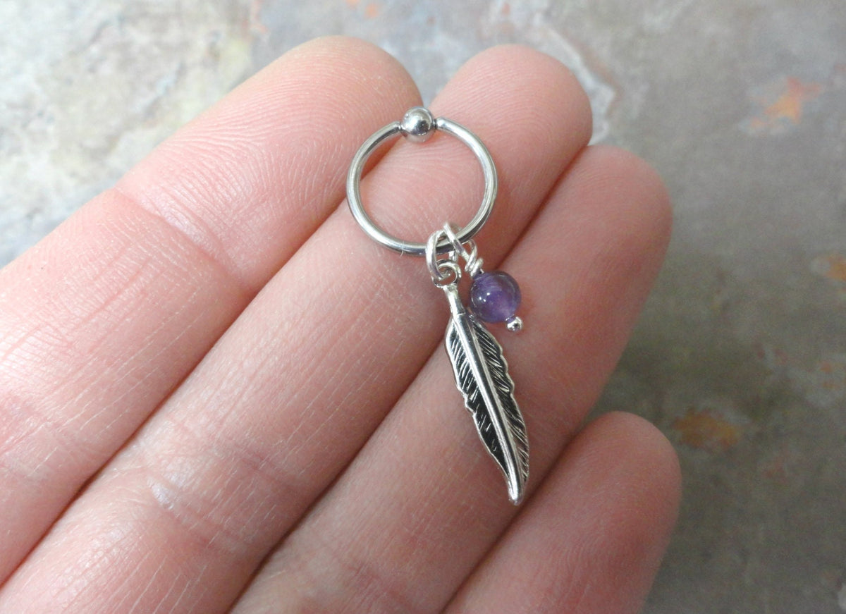Purple Amythest Cartilage Hoop Silver Feather CBR Earring Belly Button ...